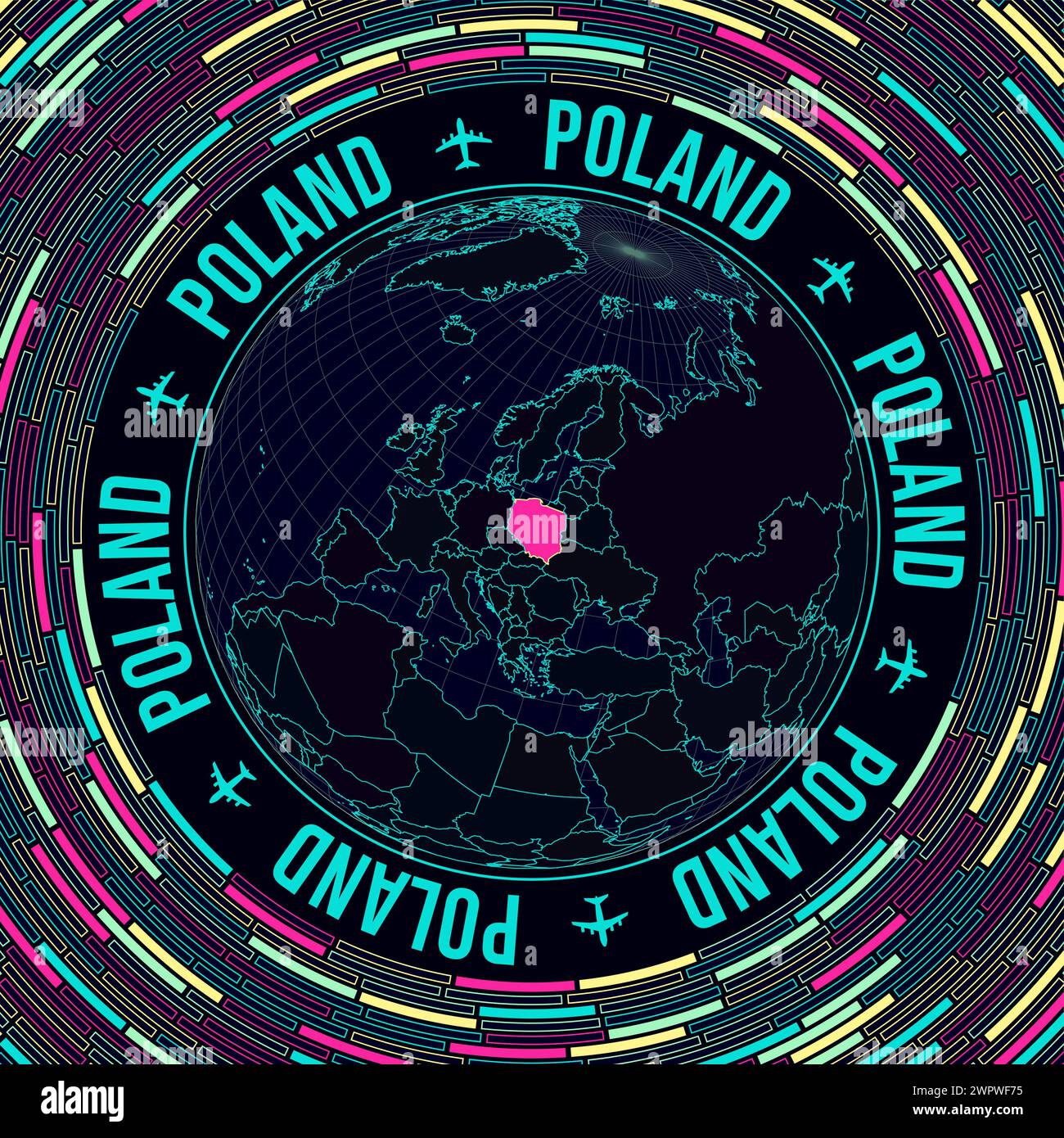 Poland on globe. Satellite view of the world centered to Poland. Bright ...