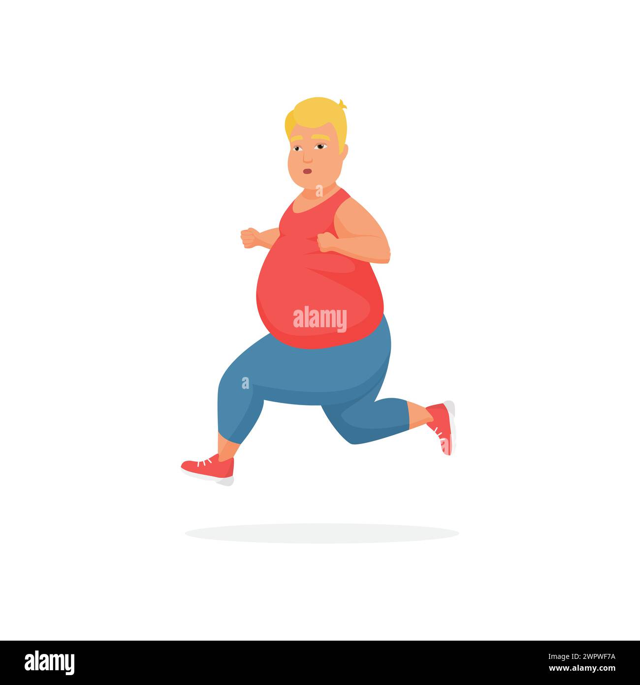 Overweight man with big belly running, tired male runner training ...