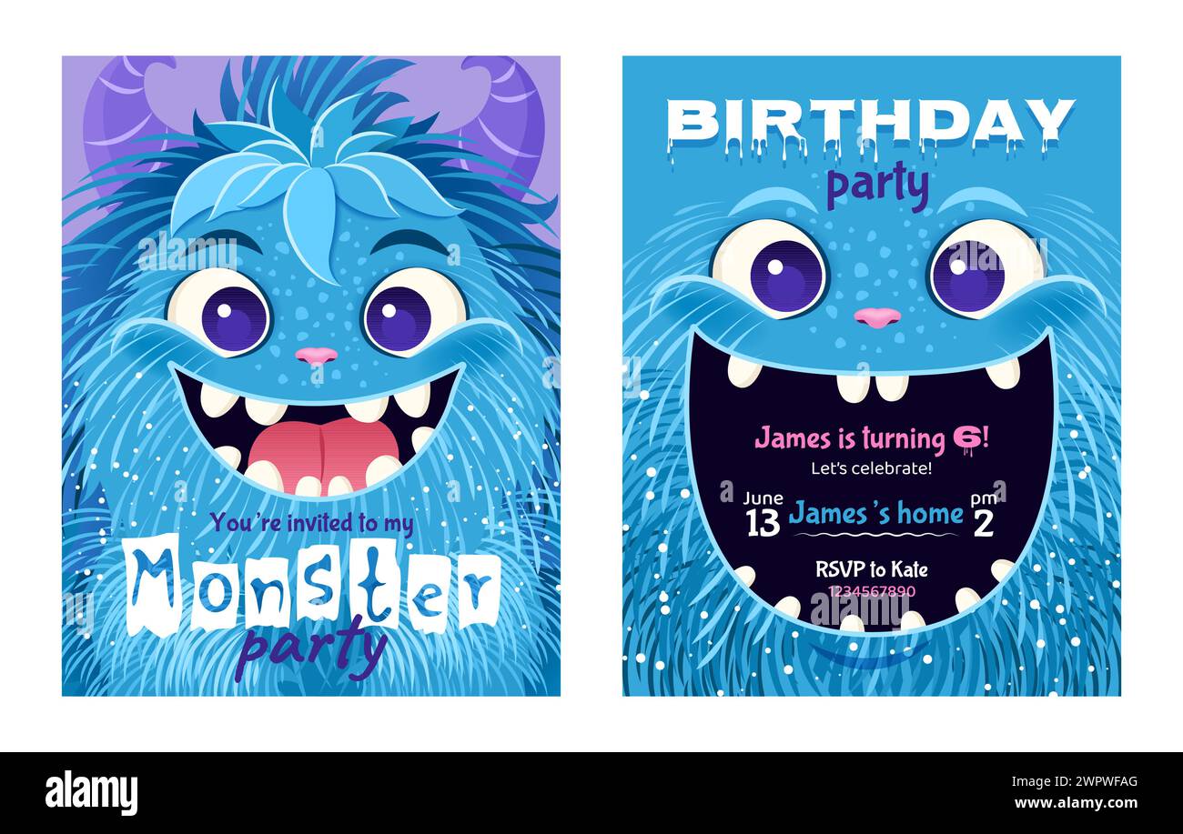 Monster party invitation set. Happy Birthday greeting cards Stock ...