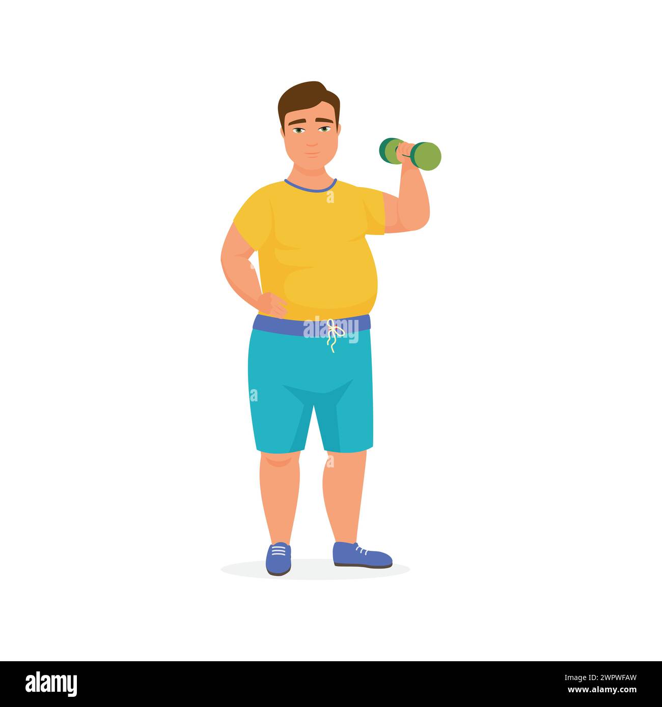Fat man holding dumbbell to lift up, sports workout for weight loss and ...