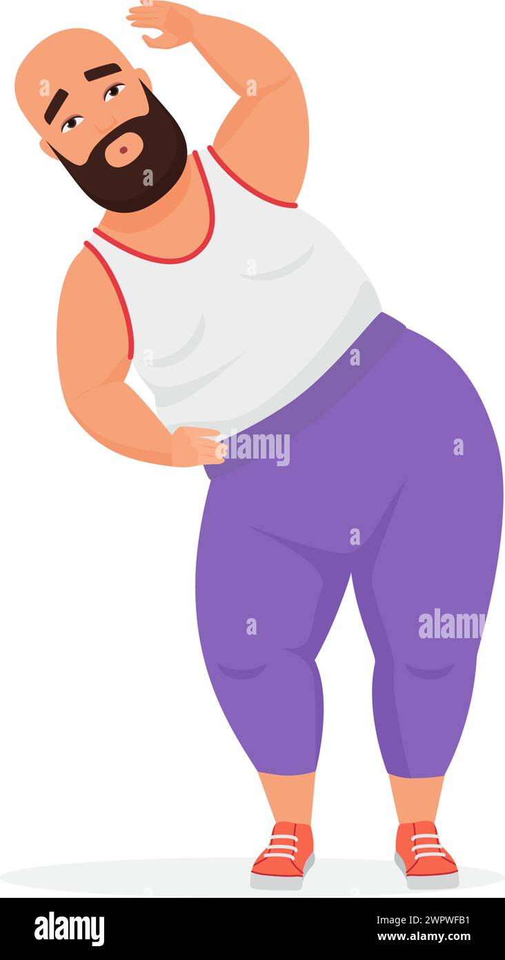 Fat bald man bending sideways, male character sports training vector ...