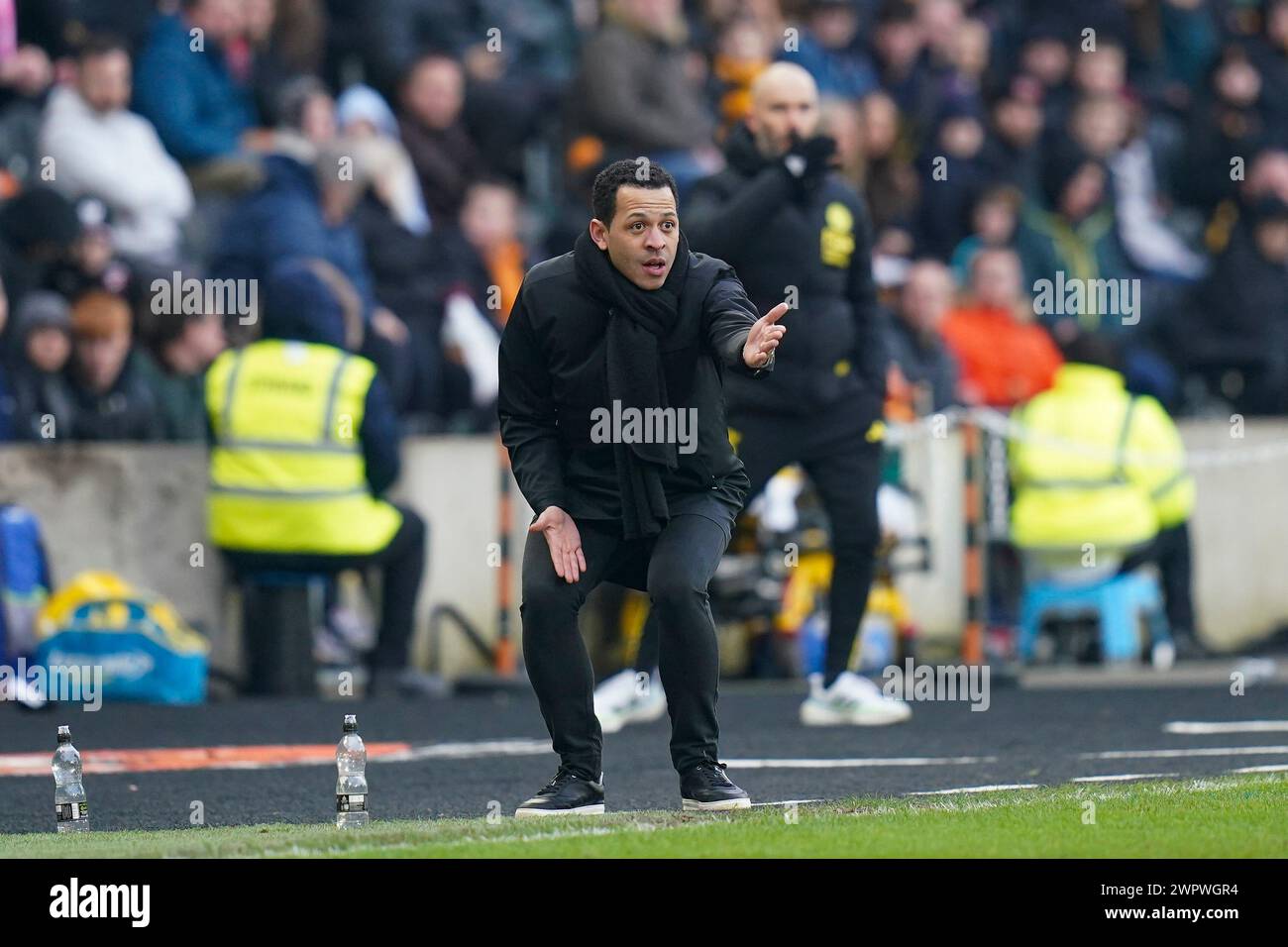Hull, UK. 09th Mar, 2024. Hull City Manager Liam Rosenior reacts during ...