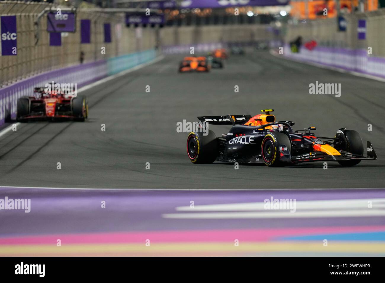 Red Bull driver Sergio Perez of Mexico steers his car during the Formula One Saudi Arabian Grand ...