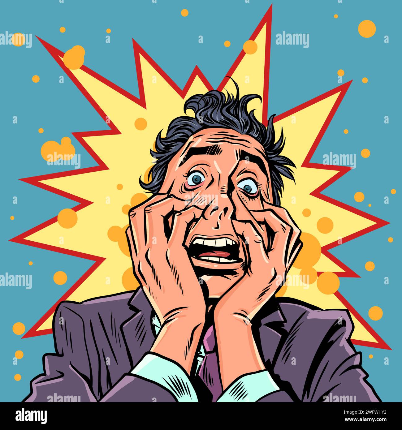 A man in a suit holds his face in a panic. Crazy offers for clients. A ...