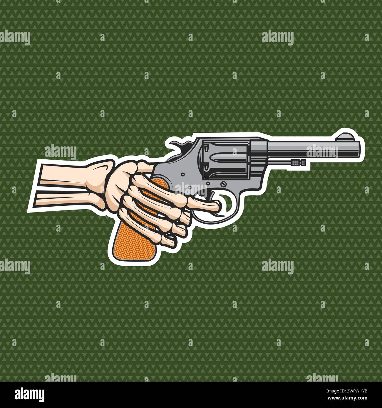 Skeleton hand holding gun shoting sticker, patch for clothing. Vector ...