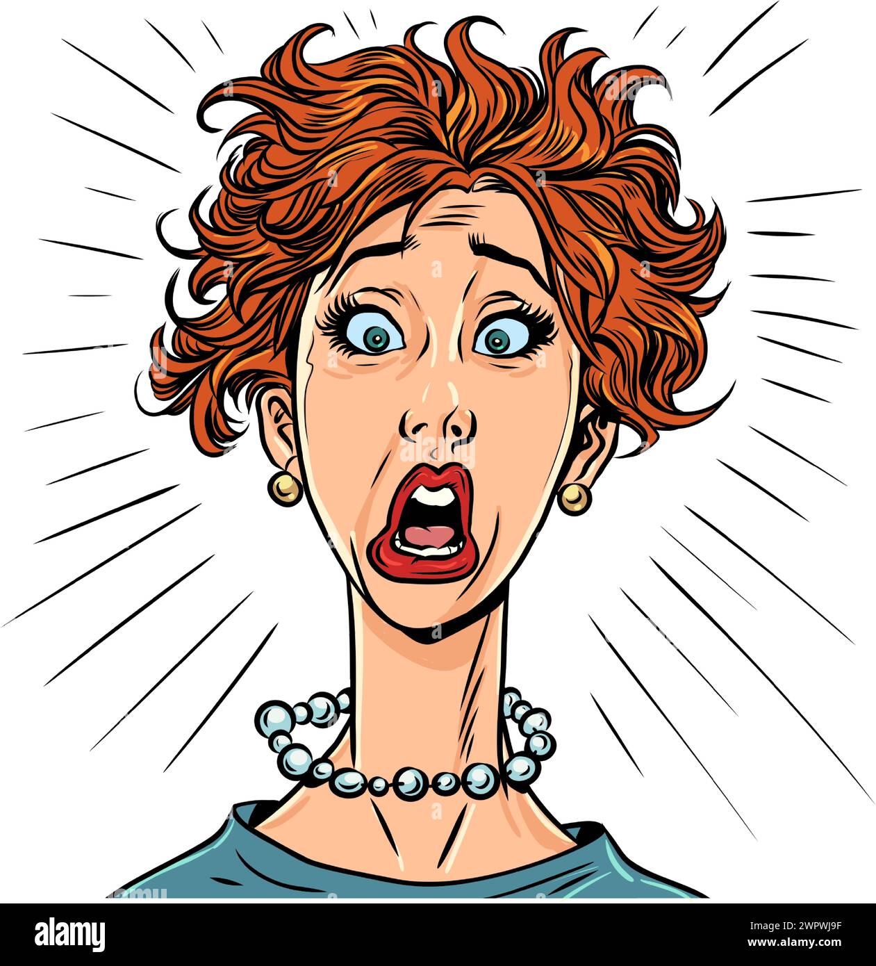 The woman looks ahead in fear. Vivid expression on the face due to the event. Abnormal surprise ...