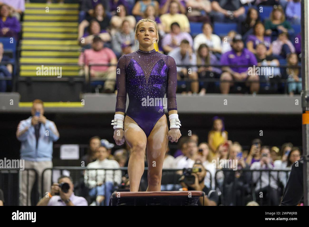 Baton Rouge, LA, USA. 8th Mar, 2024. LSU's Olivia Dunne prepares to ...