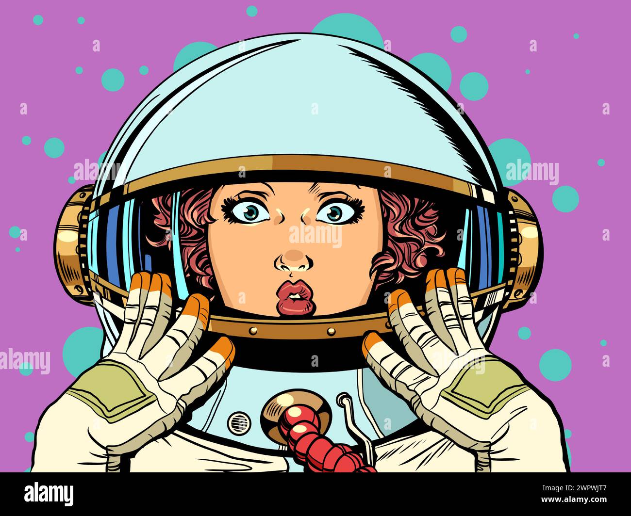 A woman in an astronaut costume is surprised. Space research and ...