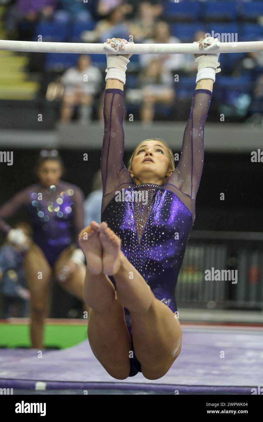 Baton Rouge, LA, USA. 8th Mar, 2024. LSU's Olivia Dunne competes on the ...