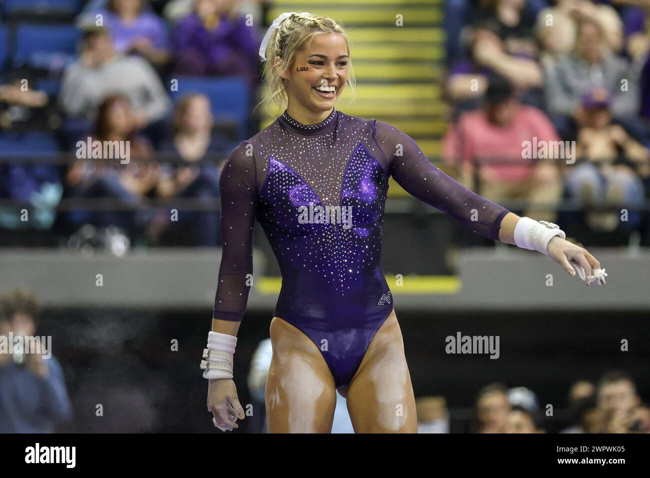 Baton Rouge, LA, USA. 8th Mar, 2024. LSU's Olivia Dunne smiles after ...