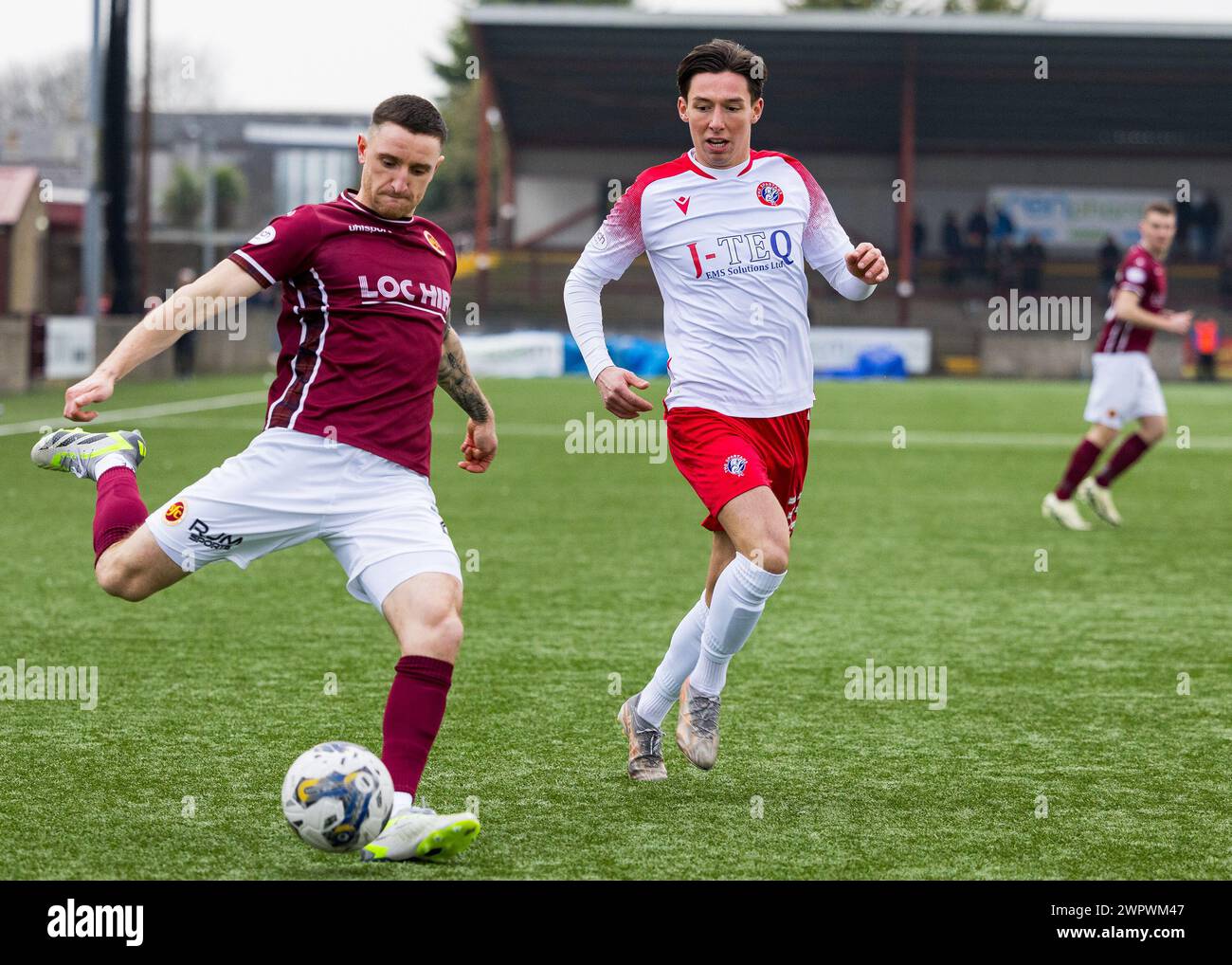Stenhousemuir, Scotland. 09 March 2024. Ross Meechan (2 - Stenhousemuir) makes a cross into the ...