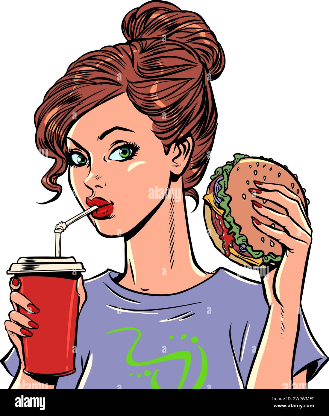 Woman eating chicken burger Stock Vector Images - Alamy