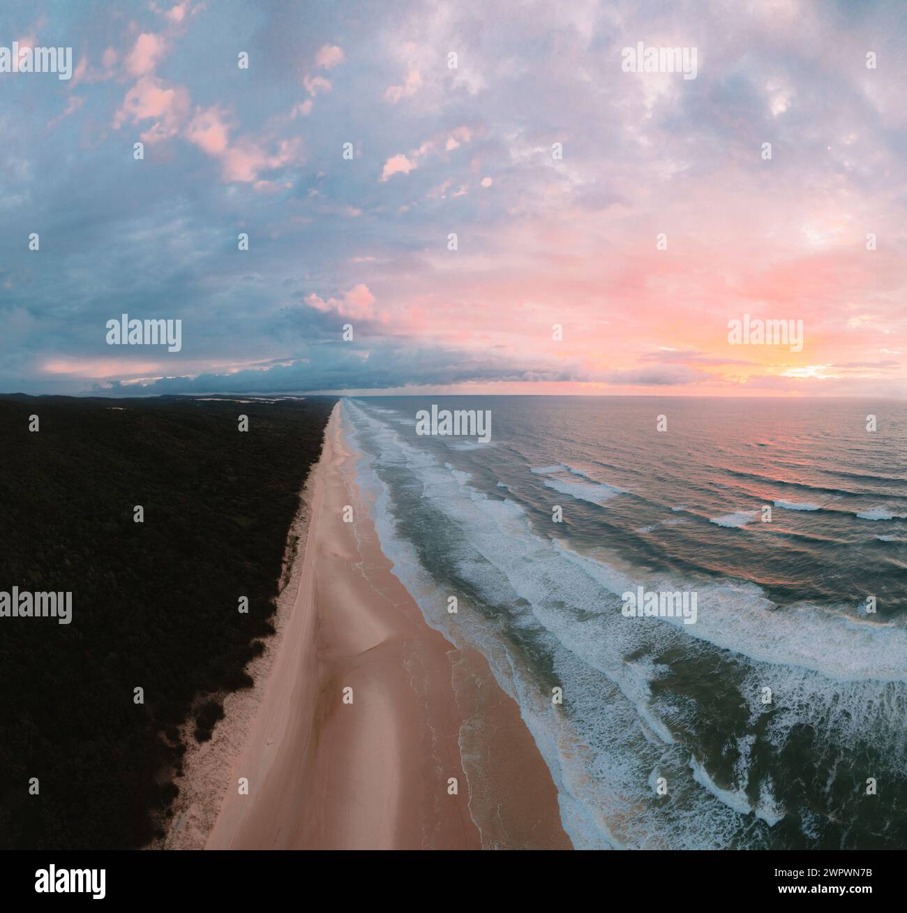 High angle aerial drone view of famous Seventy Five Mile Beach, 75 mile ...