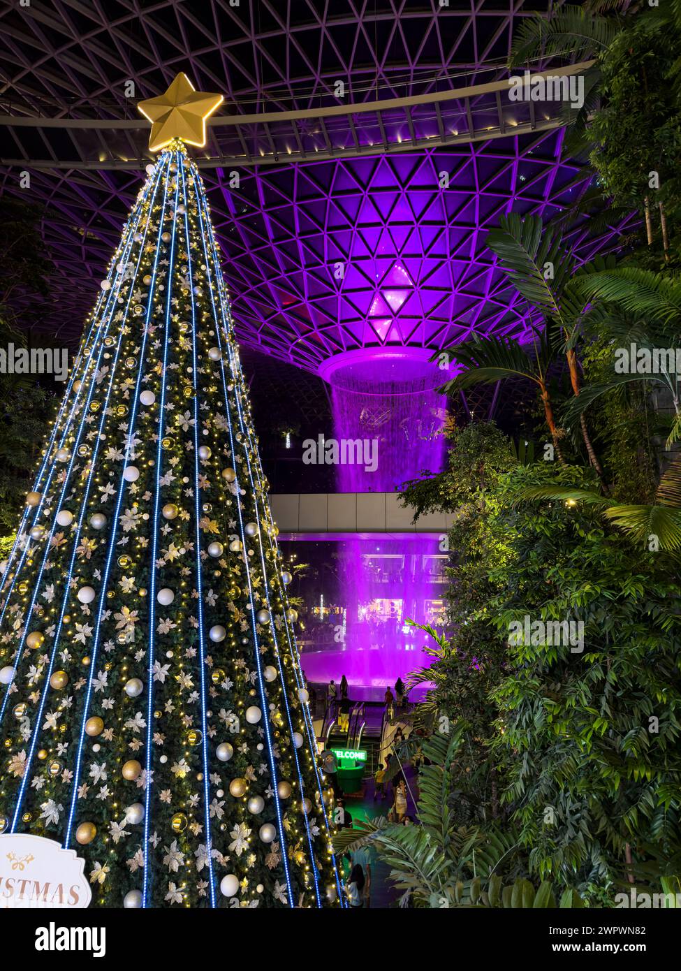 Christmas Tree and indoor fountain at Changi airport Singapore Stock ...