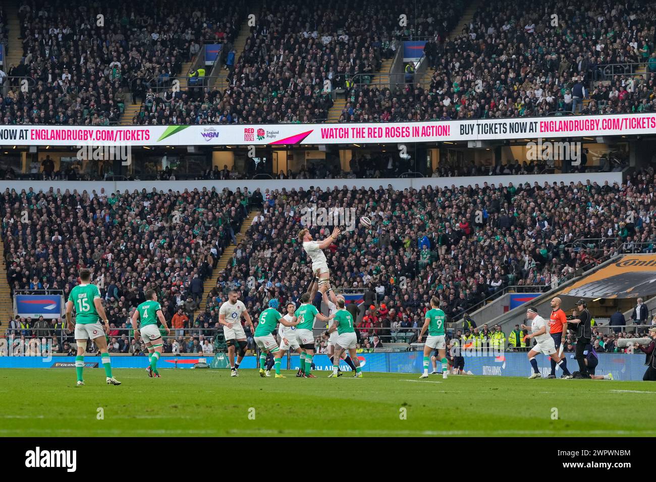 Ollie Chessum of England collects a line-out throw during the 2024 ...