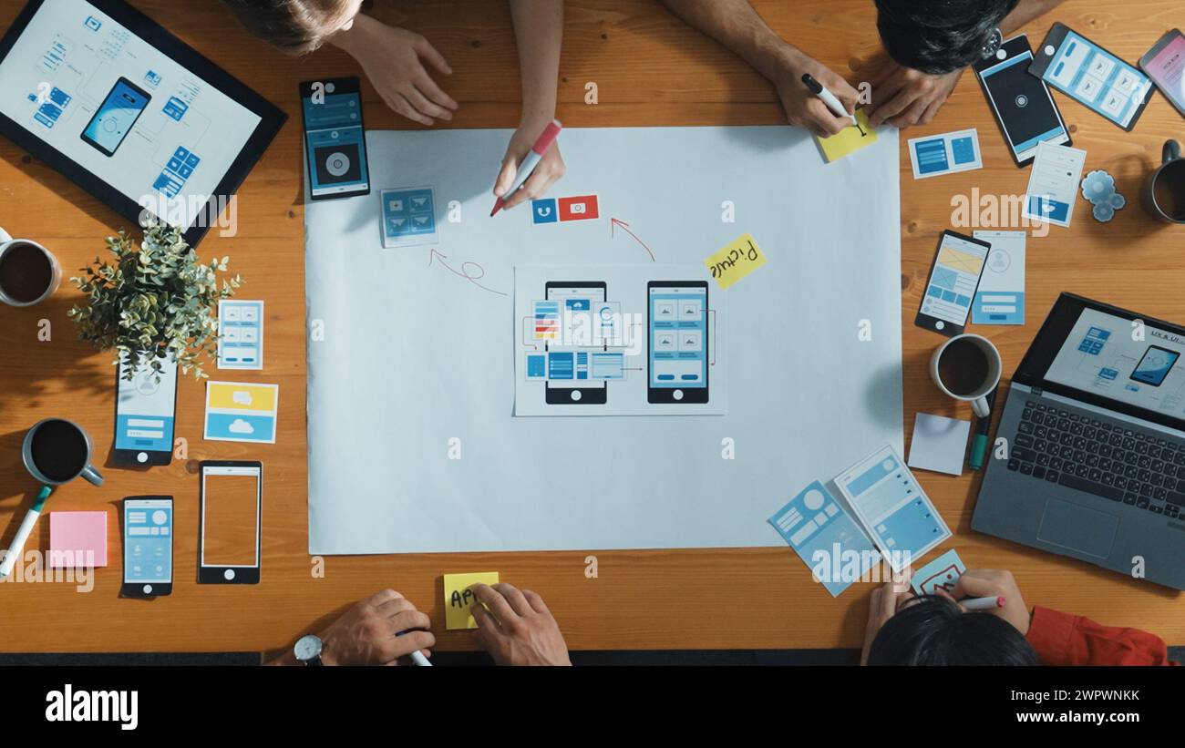Top view of developer team sharing idea of Ux Ui design by using mind map. Top down view of ...