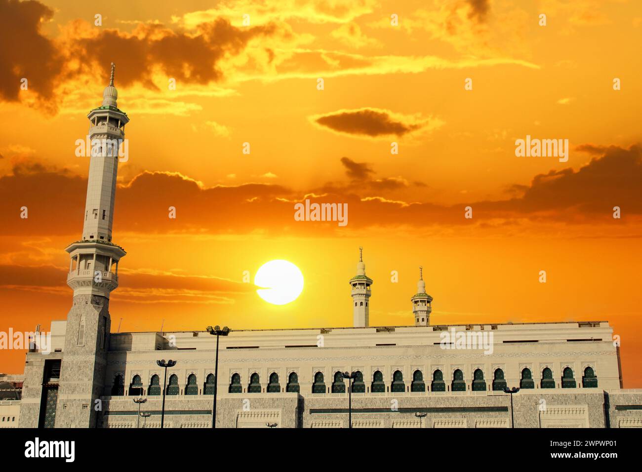 Minarets of Kaaba at magnificent sunset. Islamic architecture. Mecca ...