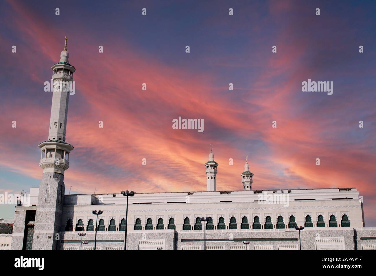 Minarets of Kaaba at magnificent sunset. Islamic architecture. Mecca ...