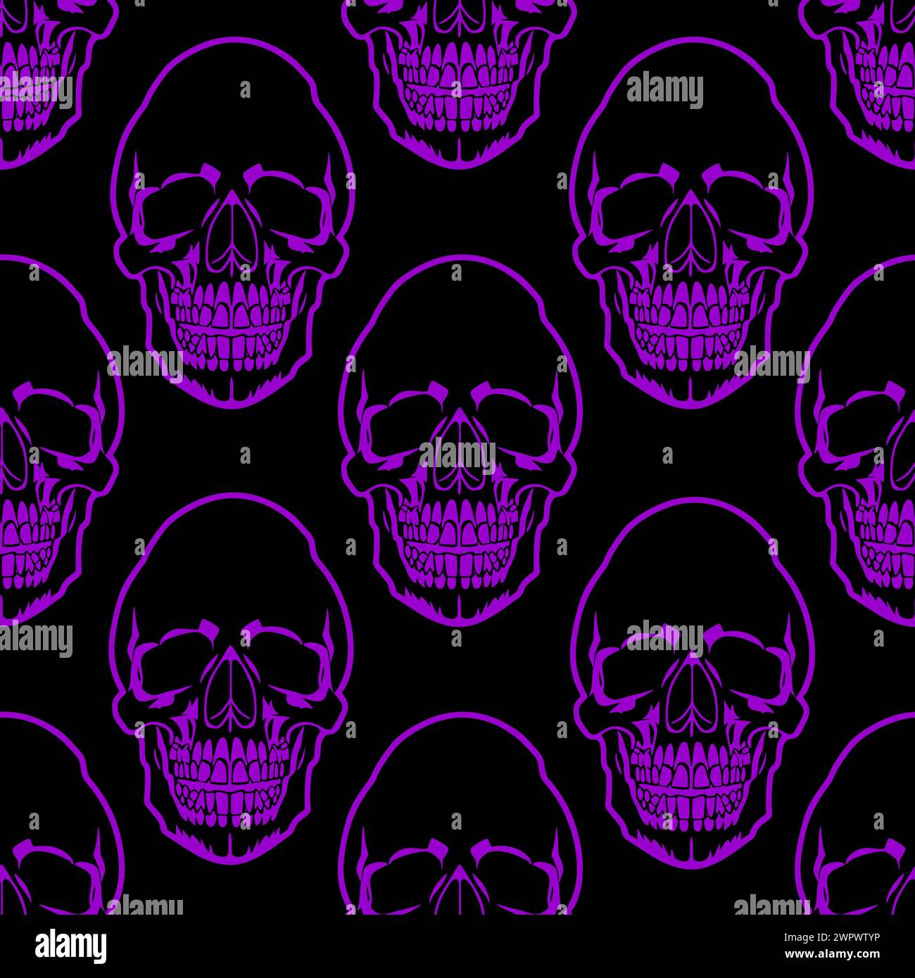 seamless symmetrical pattern of purple human skulls on a black ...