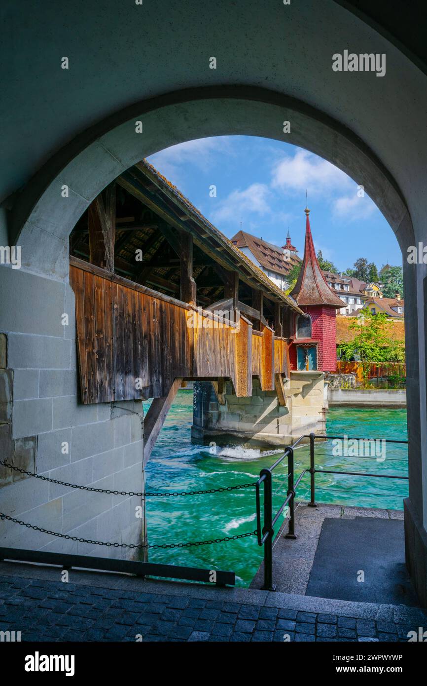 Portal view of the Mill Bridge in Old Town Lucerne Stock Photo - Alamy