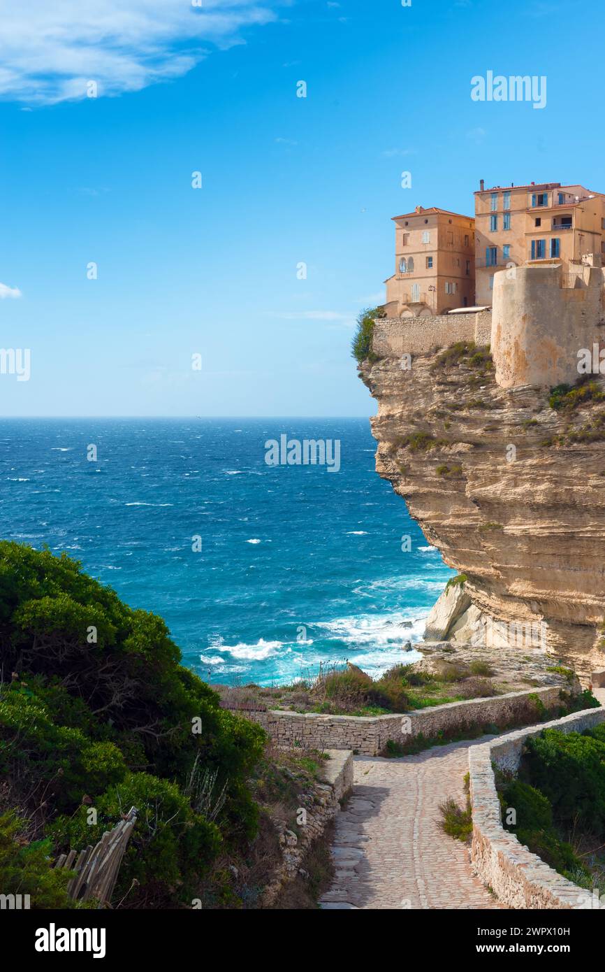 The city of Bonifacio at the edge of the cliff, Corsica France Stock ...