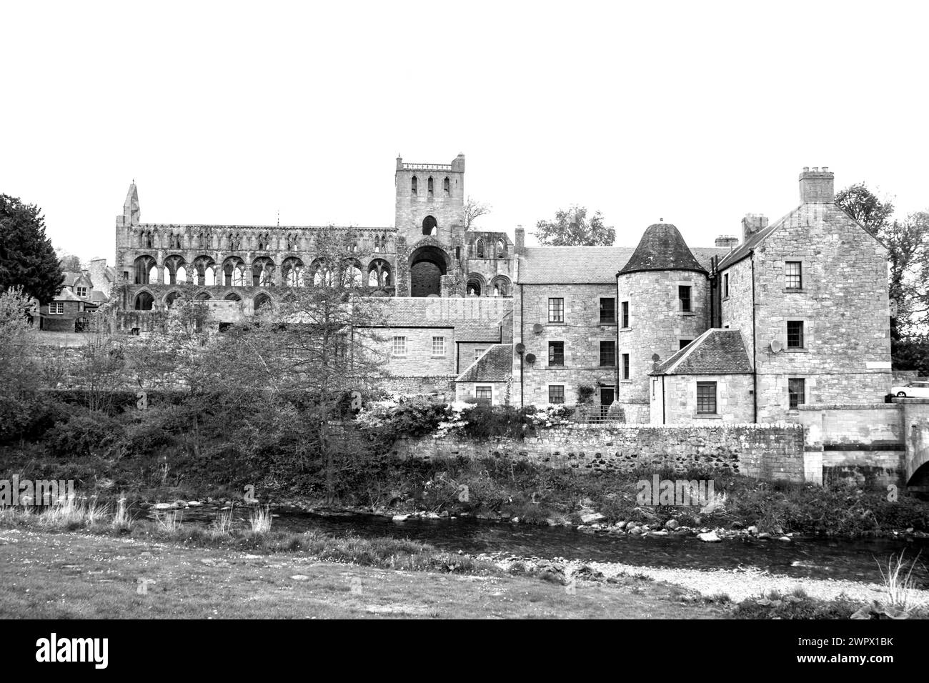 Black and white view at Jedburg on the river Jedwater, with the ...