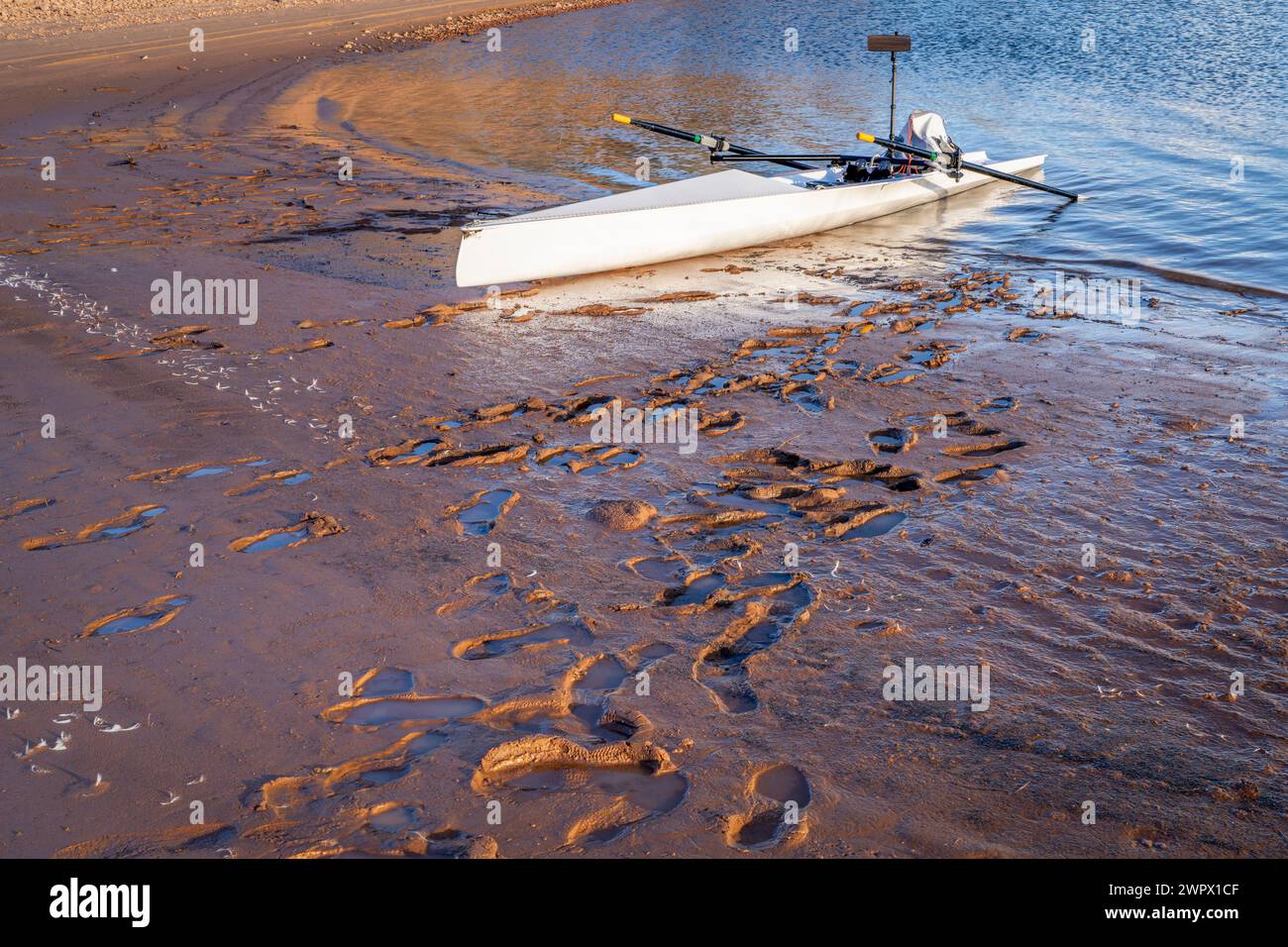 Coastal rowing shell on a muddy shore of Carter Lake in northern ...