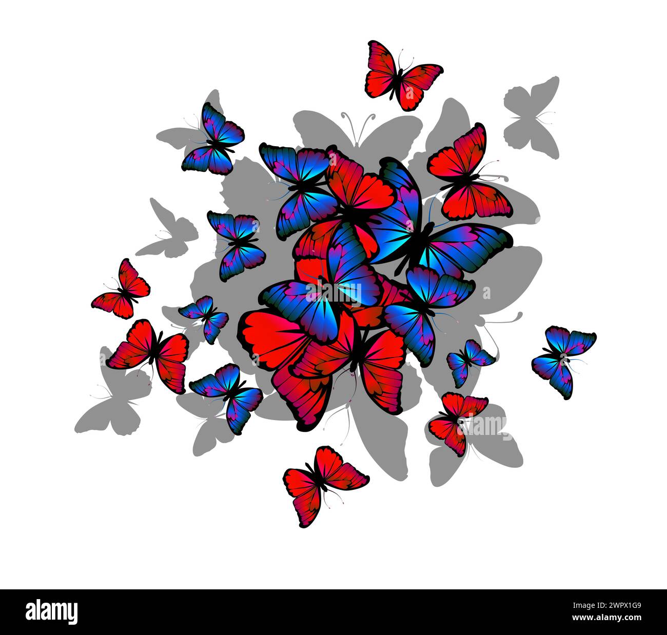 Abstraction with blue and red butterflies. hand drawing. Not AI, Vector ...