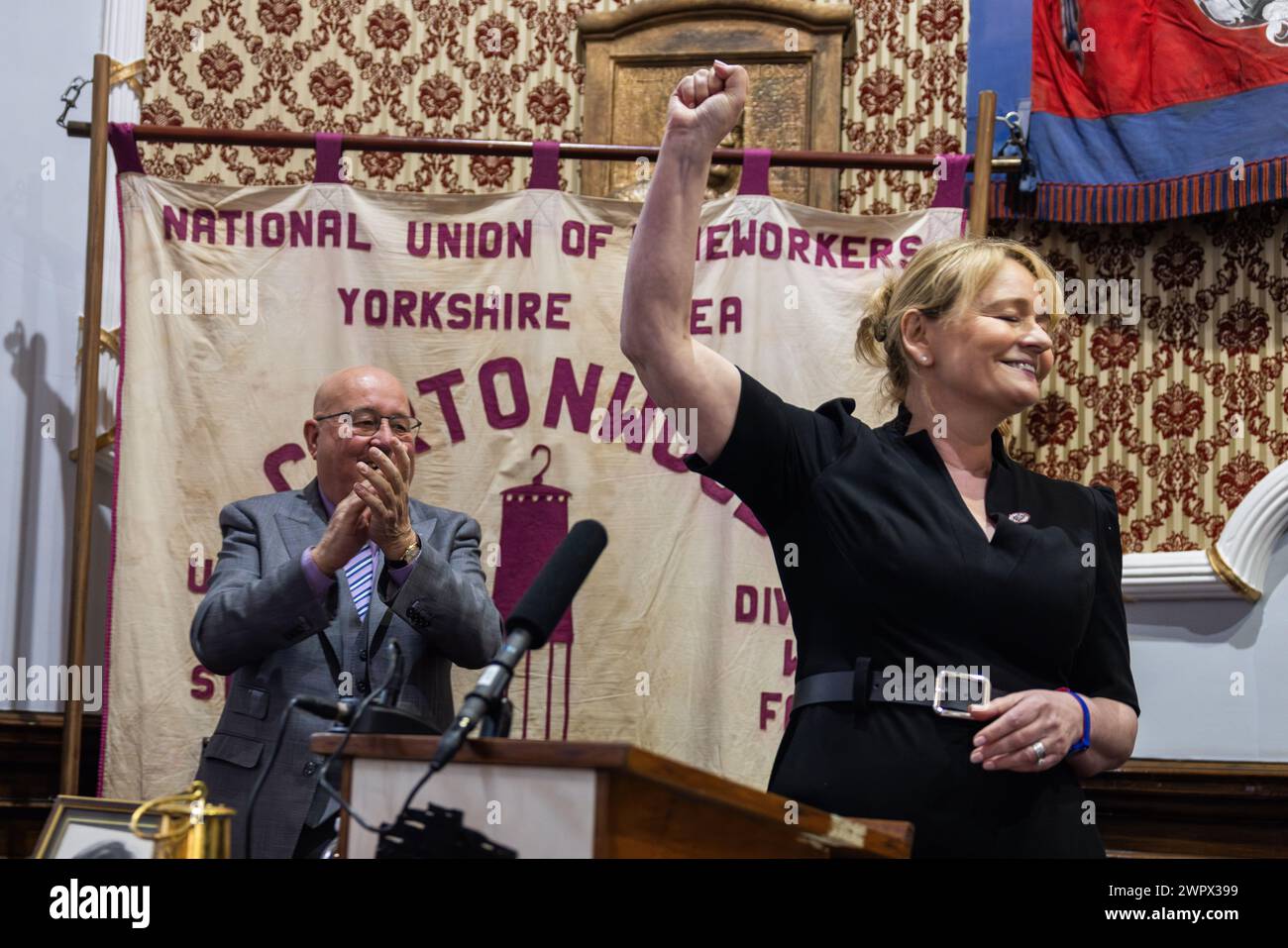 Barnsley, UK. 09 MAR, 2024. Sharon Graham raises fist in solidarity to ...