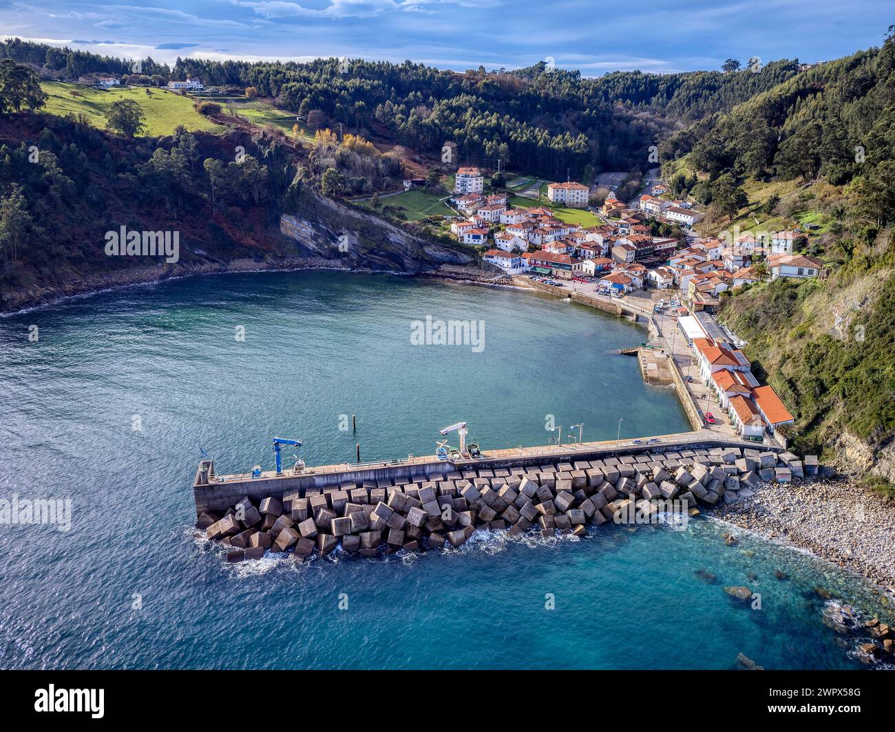 Aerial view of the fishing village of Tazones in Asturias, Spain ...
