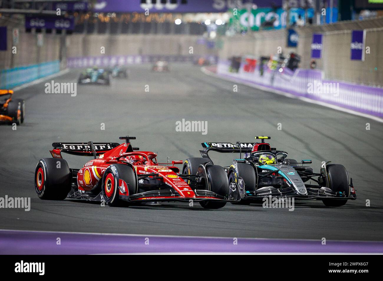 Jeddah, Arabie Saoudite. 09th Mar, 2024. 16 LECLERC Charles (mco), Scuderia Ferrari SF-24 and 44 ...