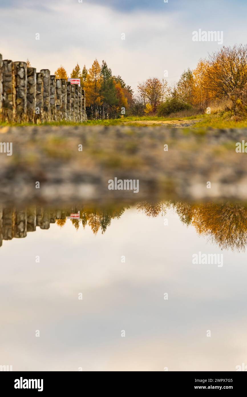 Big puddle in the middle of long path with trees and bushes around ...