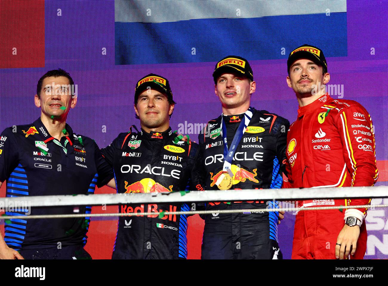 Jeddah, Saudi Arabia. 09th Mar, 2024. The podium (L to R): Jerome Lafarge, Red Bull Racing ...
