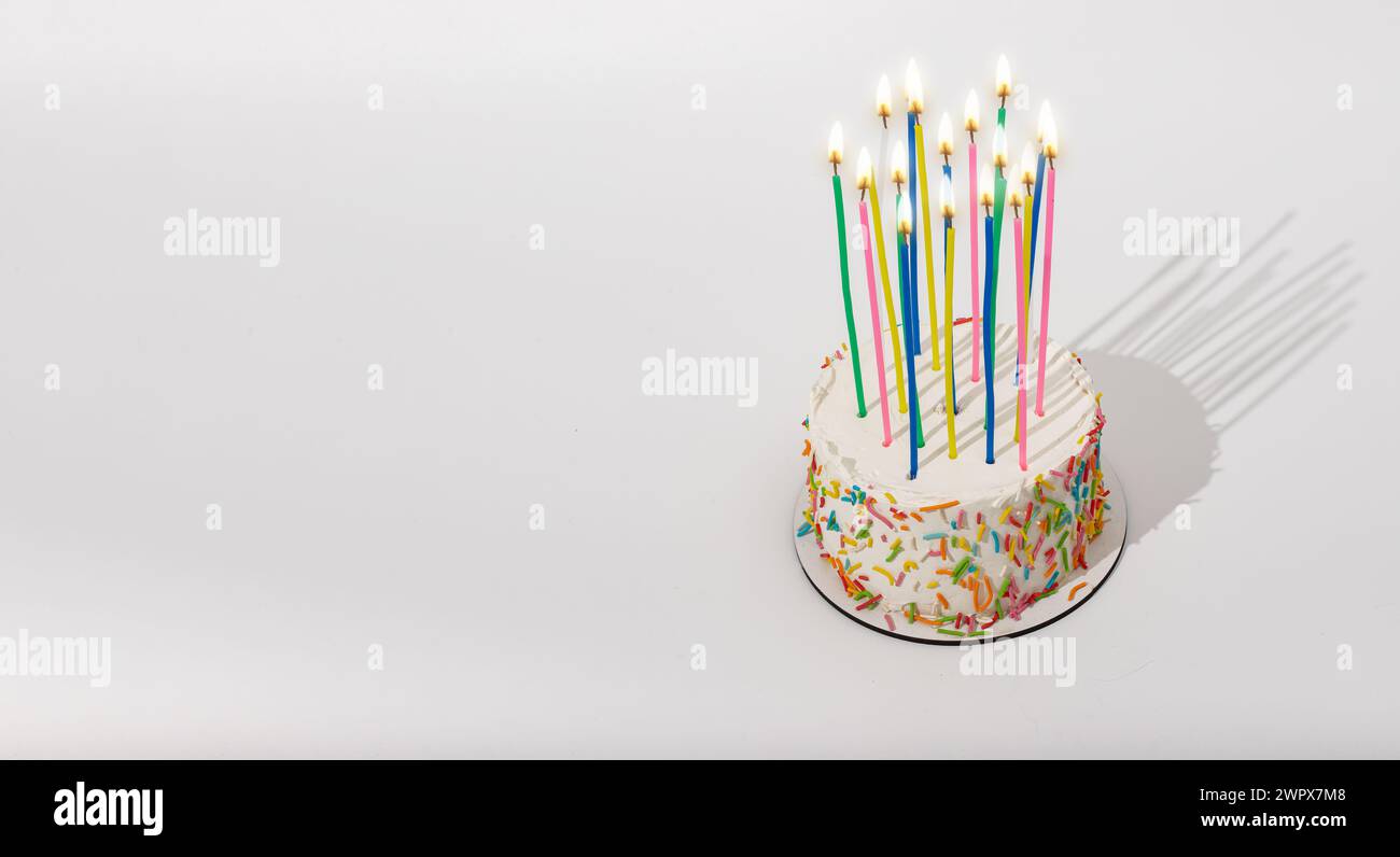 Birthday bento cake with high tall candles, fire light. Banner ...