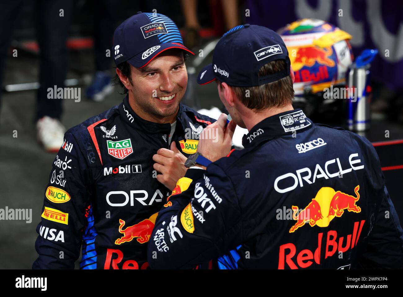 Jeddah, Saudi Arabia. 09th Mar, 2024. (L to R): second placed Sergio Perez (MEX) Red Bull Racing ...