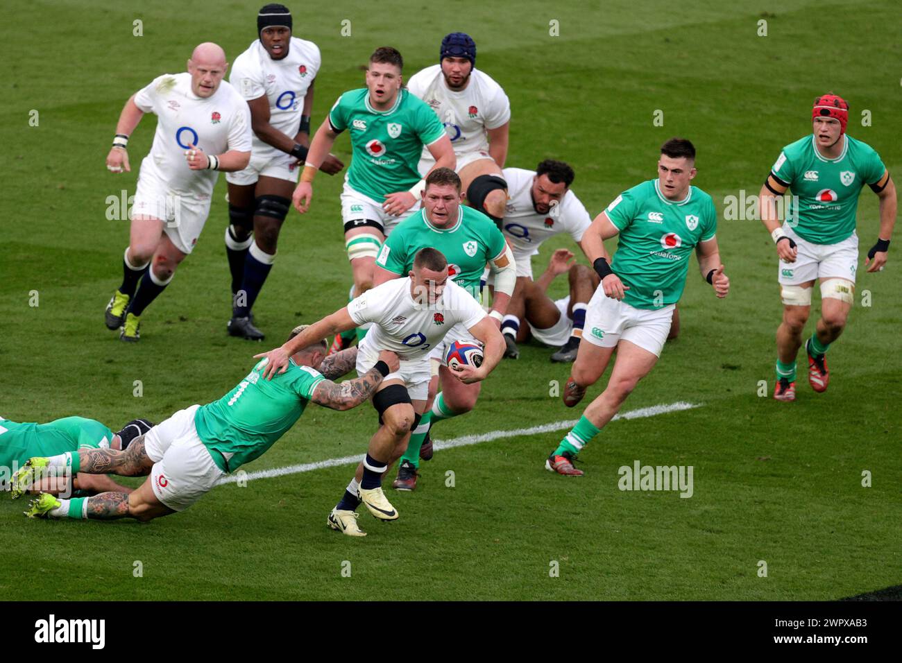 London, UK. 9th Mar 2024. England's Ben Earl makes a break during the ...