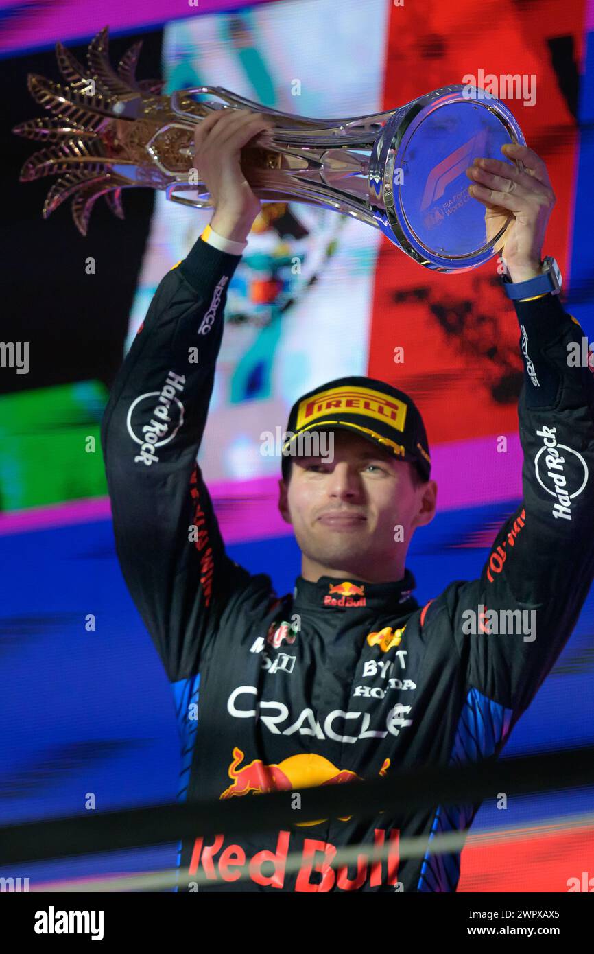 Jeddah, Saudi Arabia. 9th March 2024. Max Verstappen of Oracle Red Bull Racing During Post Race ...