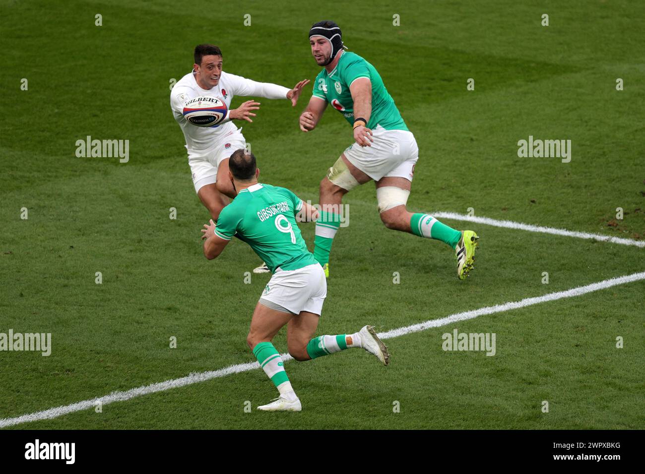 London, UK. 9th Mar 2024. Ireland's Clean Doris and Jamison Gibson-Park ...