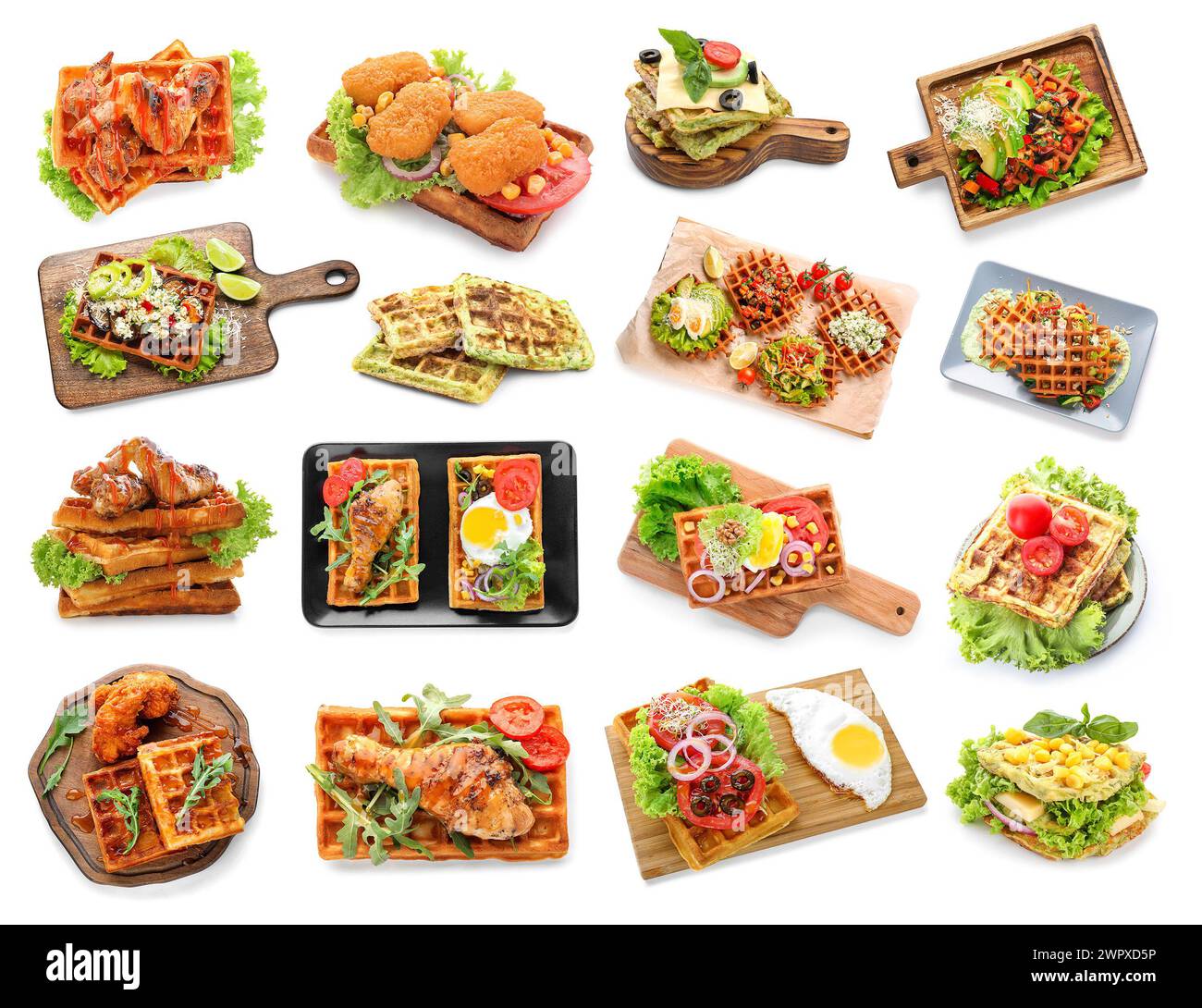 Collage of tasty salted waffles on white background Stock Photo - Alamy
