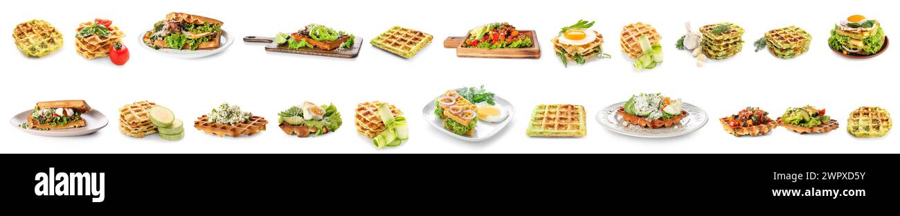 Collage of tasty salted waffles on white background Stock Photo - Alamy