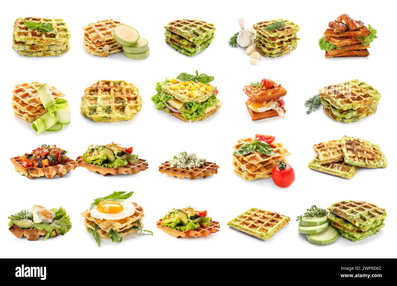 Collage of tasty salted waffles on white background Stock Photo - Alamy