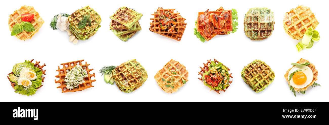 Collage of tasty salted waffles on white background, top view Stock ...