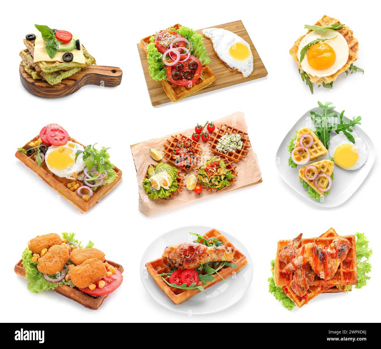 Collage of tasty salted waffles on white background Stock Photo - Alamy