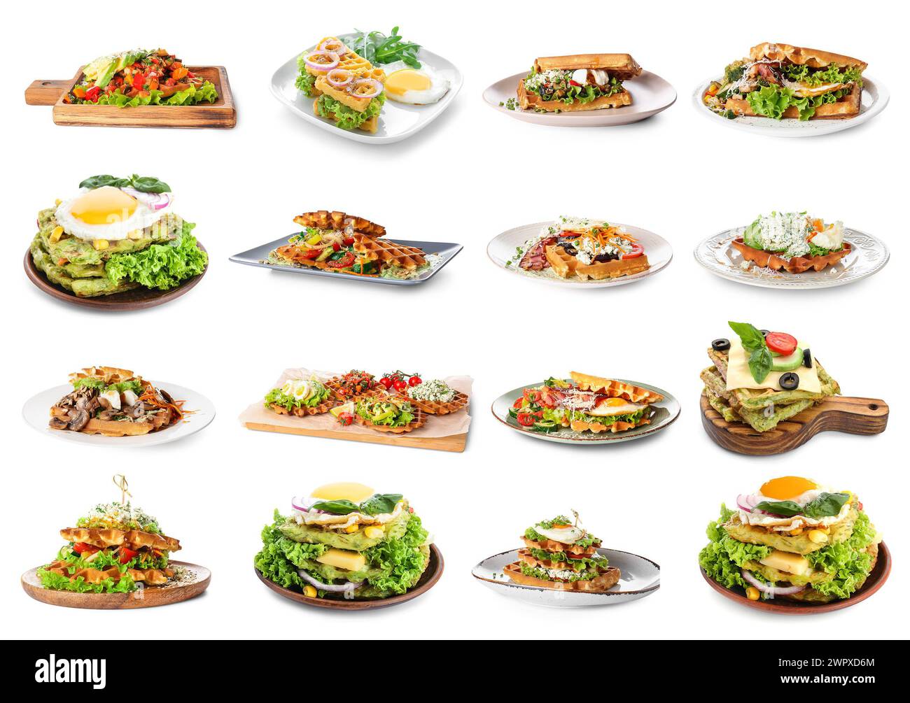 Collage of tasty salted waffles on white background Stock Photo - Alamy