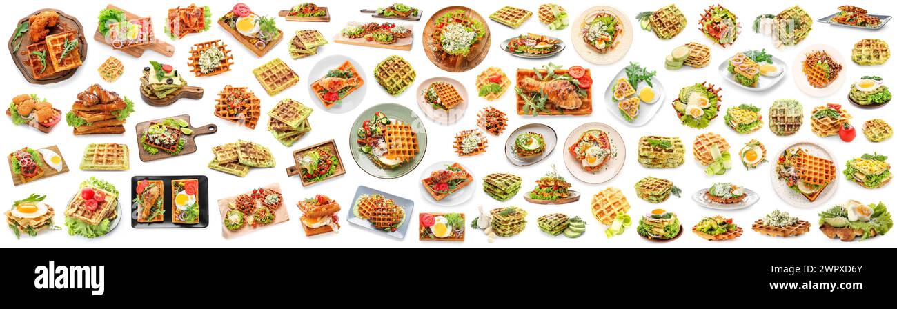 Collage of tasty salted waffles on white background Stock Photo - Alamy
