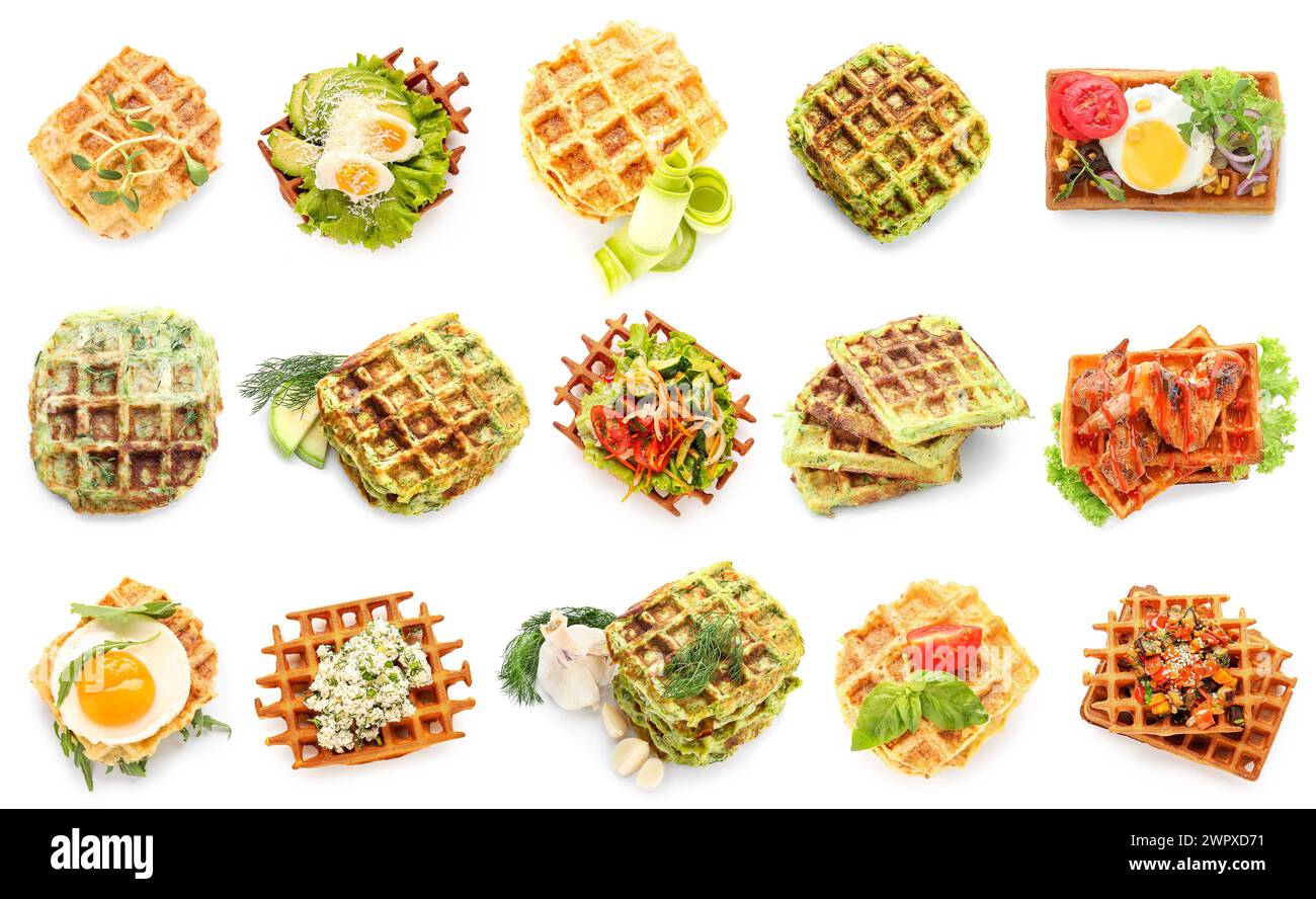 Collage of tasty salted waffles on white background, top view Stock ...