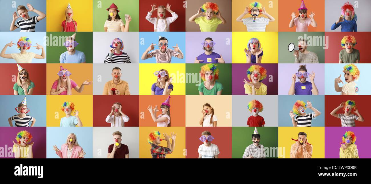 Collage of many funny people in disguise on color background. April ...