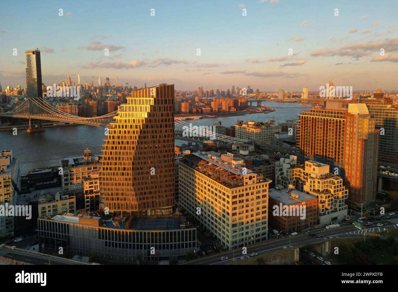 NYC from drone. Brooklyn Midtown skyline at dusk over Hudson River, NYC ...