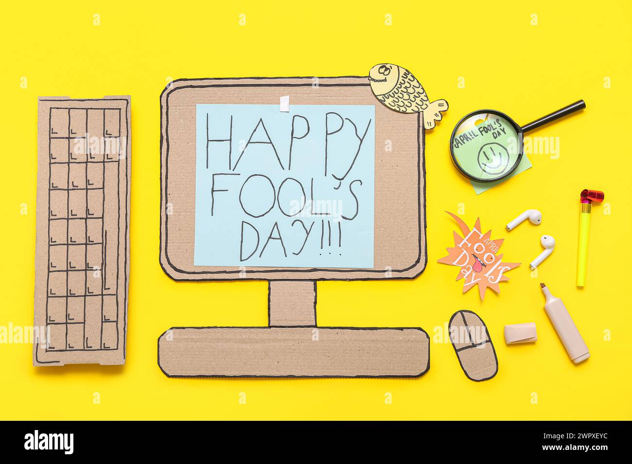 Carton computer screen, keyboard and mouse on yellow background. April ...