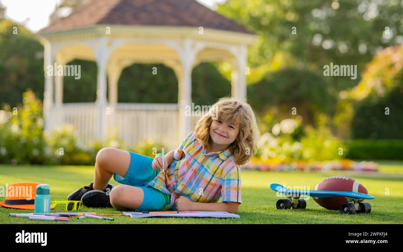 Child painter draw on playground. Child artist, kids crafts. School ...